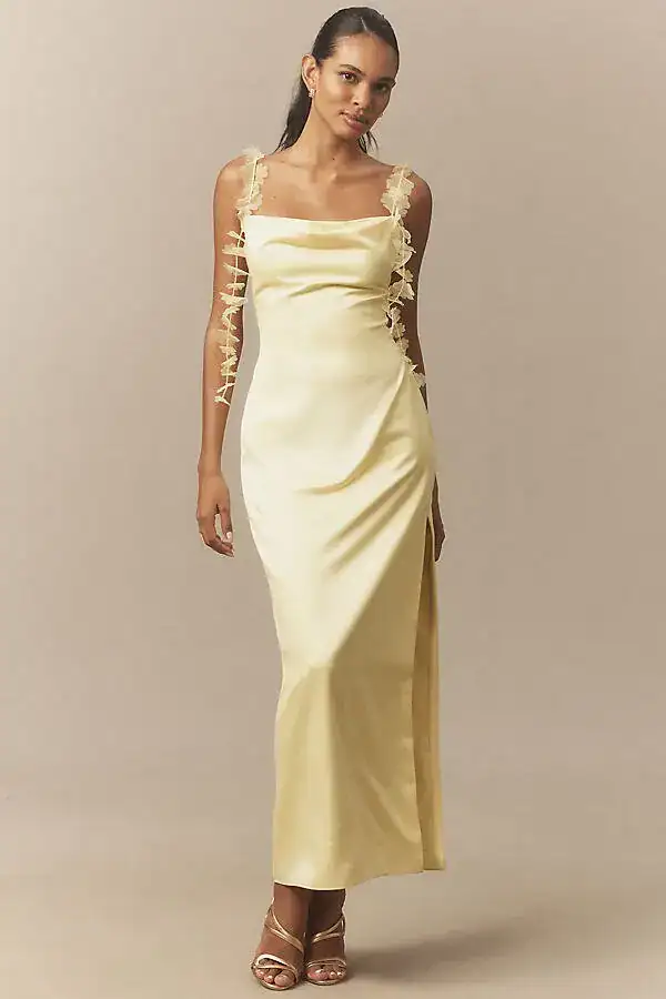 Bhldn Arabella Tendril-sleeve Satin Maxi Dress - Butter Yellow