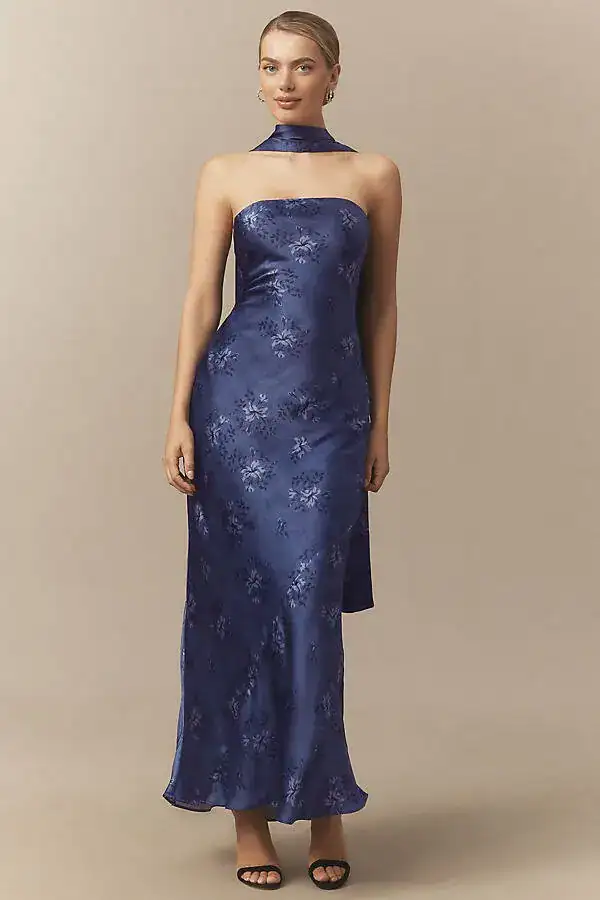 Bhldn Nesta Strapless Scarf Satin Slip Dress - Twilight Blue Floral