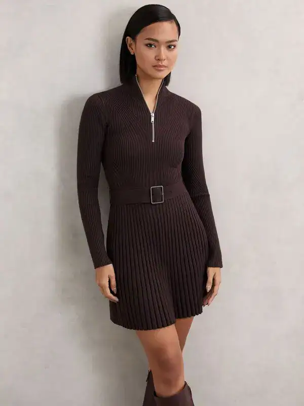 Reiss Rib-Knit Roll-Neck Belted Mini Dress - Plum Purple - 40% Off |  Editorialist