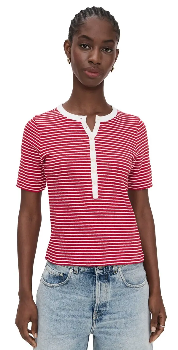 Madewell Striped Elbow-sleeve Henley Tee - Cherry Red Stripe