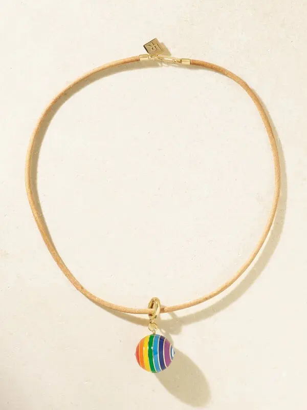Lauren Rubinski 14-karat Gold, Enamel And Leather Necklace - Neutrals