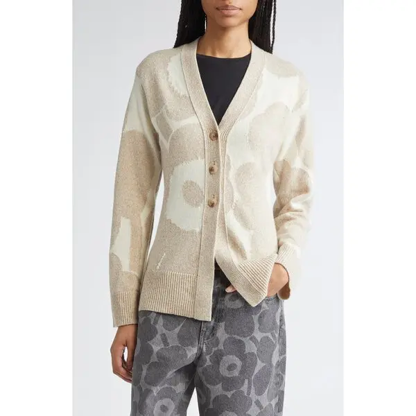 Marimekko Kumma Unikko Floral Wool Cardigan - Beige, Off White