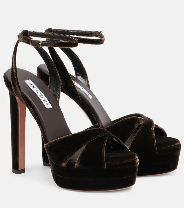 AQUAZZURA Divine 130 Velvet Platform Sandals - Brown