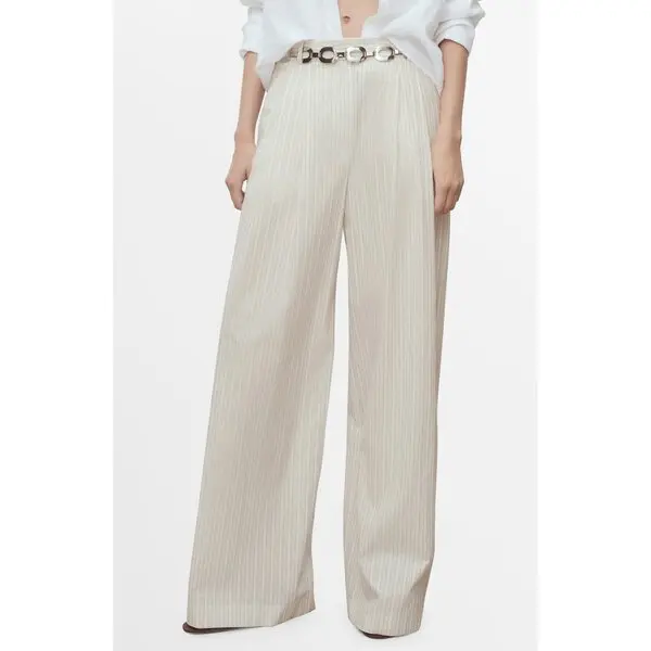 Mango Stripe Cotton Wide-leg Pants - Light/pastel Grey