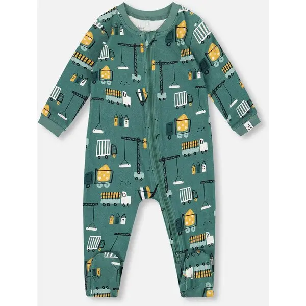DEUX PAR DEUX Organic Cotton Construction Print Footie Pajama - Teal