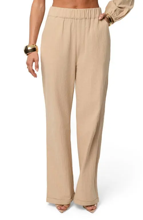 JLUXLABEL Coastal Tide Cotton One-shoulder Top & Wide Leg Pants Set - Beige