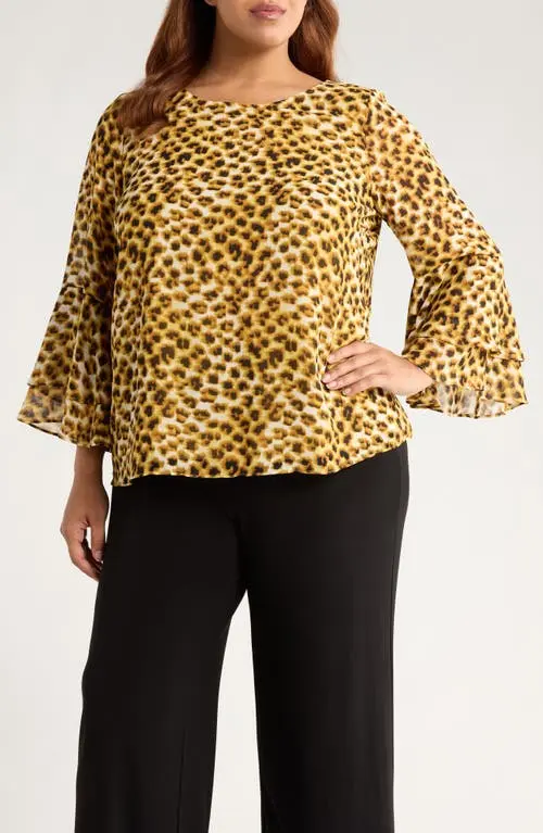 KASPER Tiered Ruffle Bell Sleeve Chiffon Top - Vanilla Ice Multi