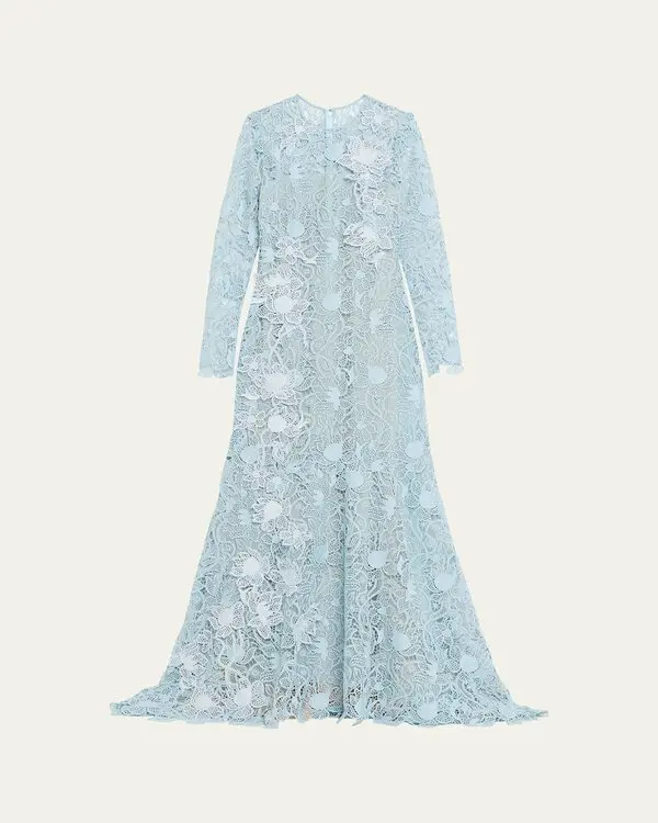 Oscar De La Renta Long-sleeve Botanical Guipure Gown