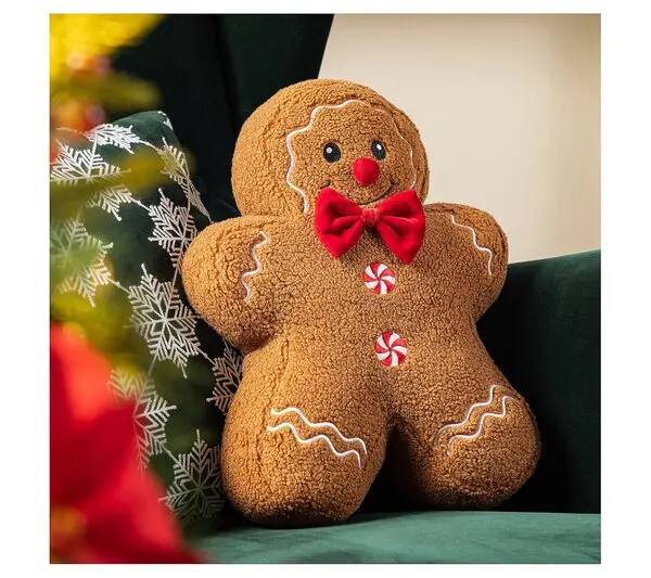 GLITZHOME 15'h Christmas Gingerbread Shaped Pillow