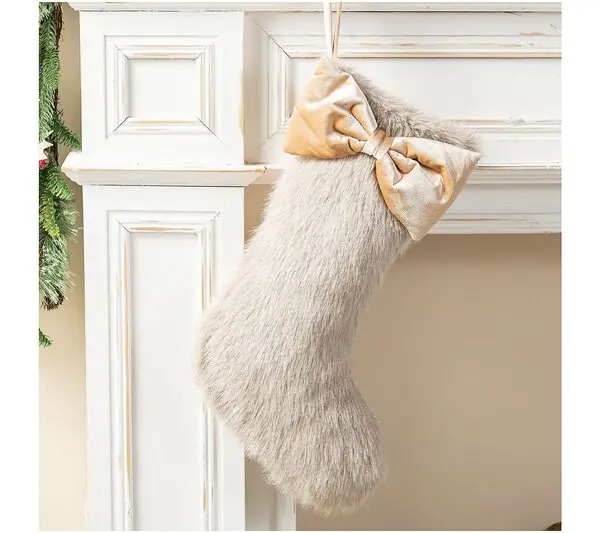 GLITZHOME 21'l Faux Fox Fur Christmas Stocking With Bow