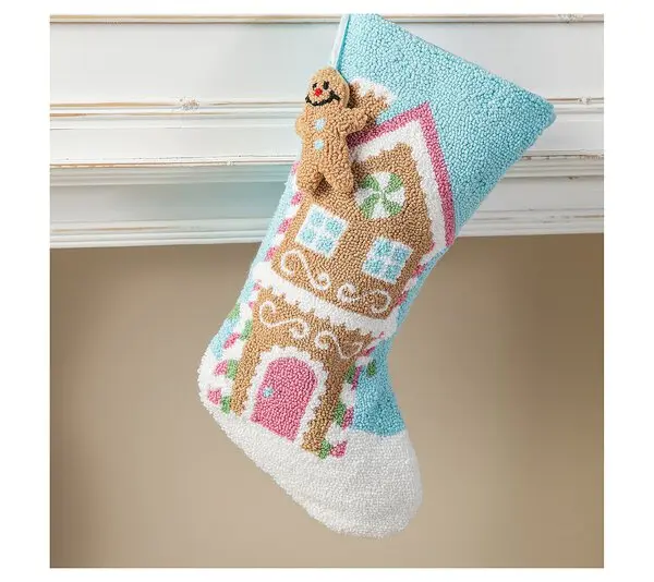 GLITZHOME 21'l Hooked Gingerbread House Christm As Stocking