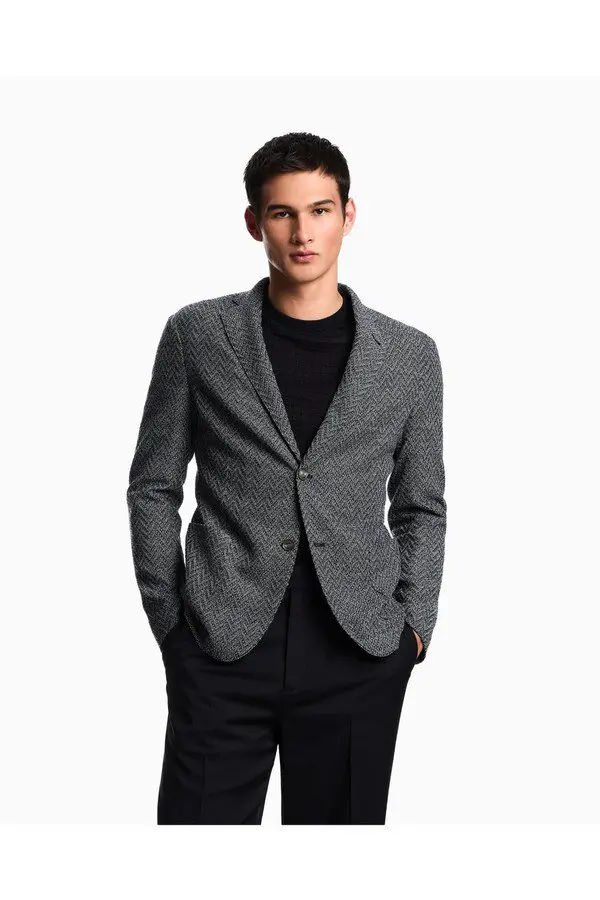 Emporio Armani Chevron-motif Wool Jacket - Blue