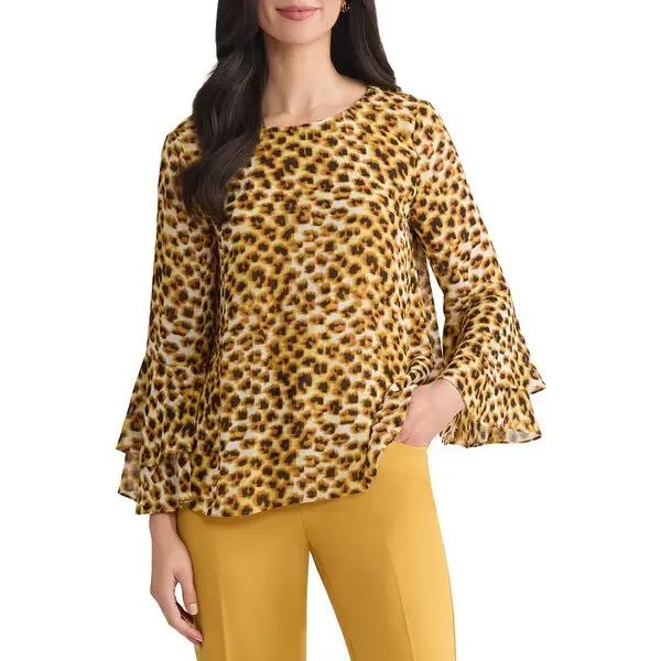 KASPER Tiered Ruffle Bell Sleeve Chiffon Top - Vanilla Ice Multi