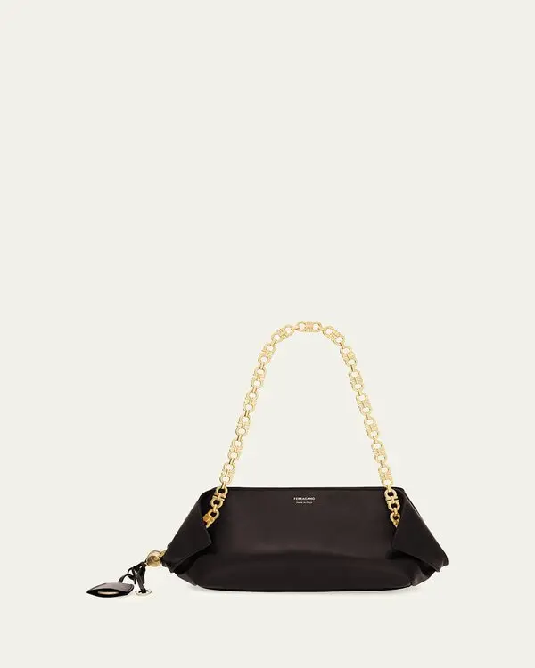 FERRAGAMO Scarf Smooth Leather Gancio Shoulder Bag - Dkbrwn