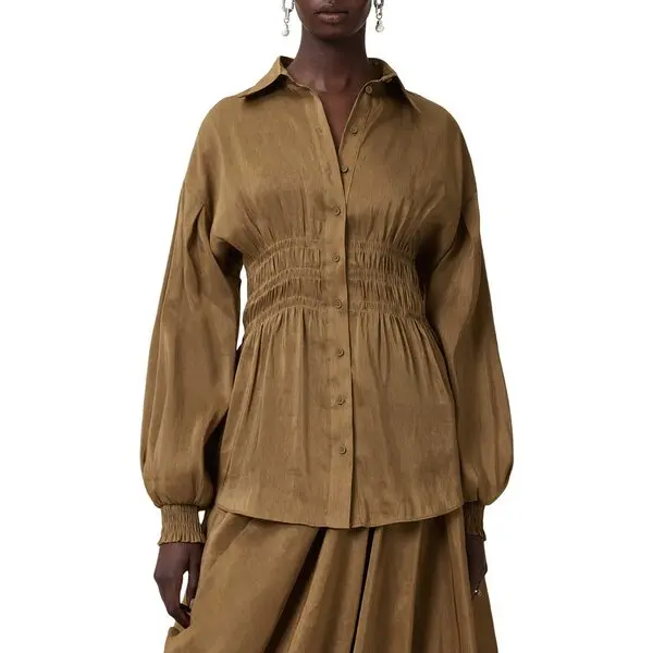 All Saints Staci Smock Waist Linen & Silk Shirt