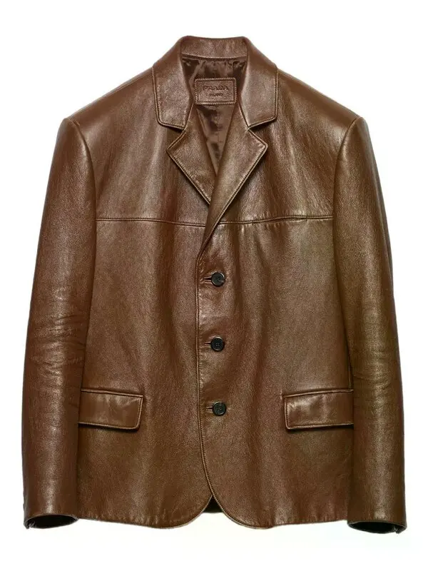 Prada Leather Jacket With Triangle Logo - Brown