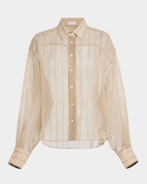 Brunello Cucinelli Striped Paillette Button-down Blouse