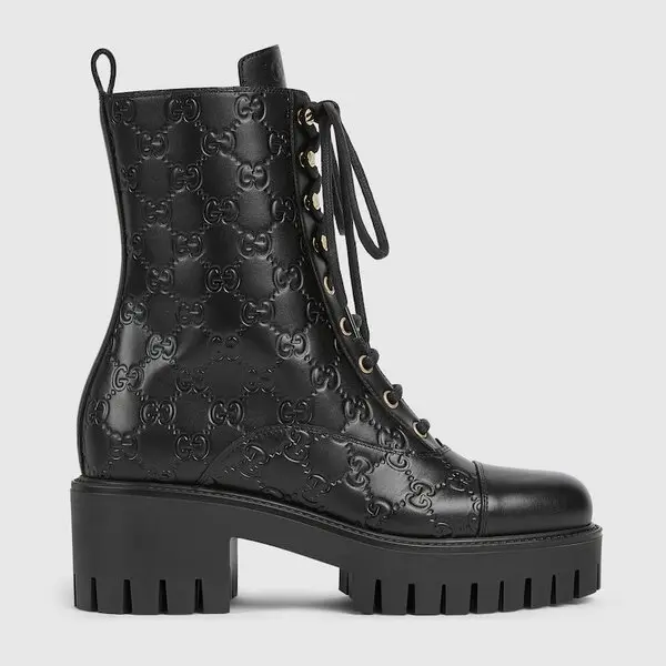 Gucci Gg Leather Lace-up Ankle Boots - Black