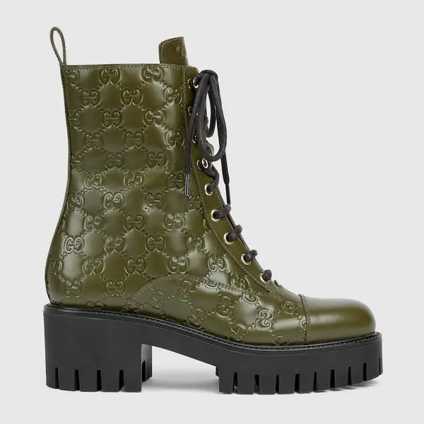 Gucci Gg Leather Lace-up Ankle Boot - Green