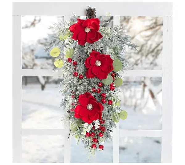 GLITZHOME 28'h Christmas Red Mangnolia & Berry Teardrop