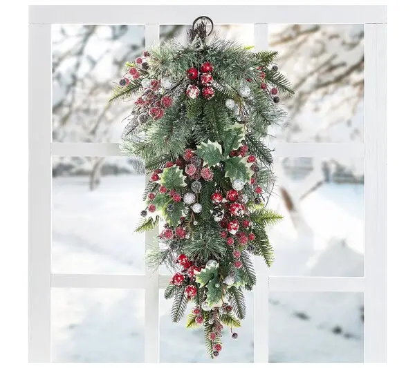 GLITZHOME 28'h Christmas Pomegranate Berry Holy Leaf Teardrop