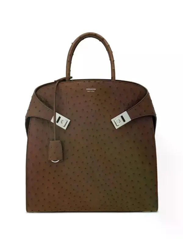 FERRAGAMO Ostrich Leather Gancini-buckle Tote Bag - Brown