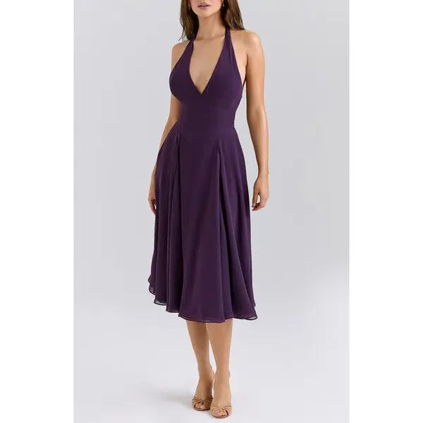House Of Cb Solada Georgette Halter Midi Dress - Grape