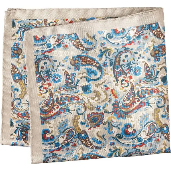Eton Beige Paisley Silk Pocket Square - Light Beige