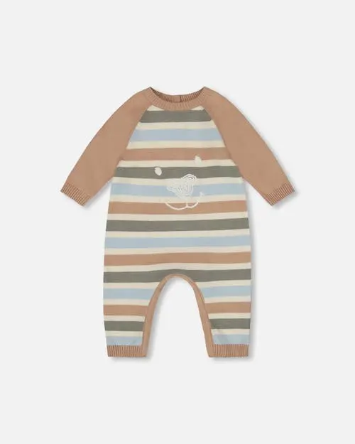 DEUX PAR DEUX Knitted Striped Romper - Beige Blue And Green