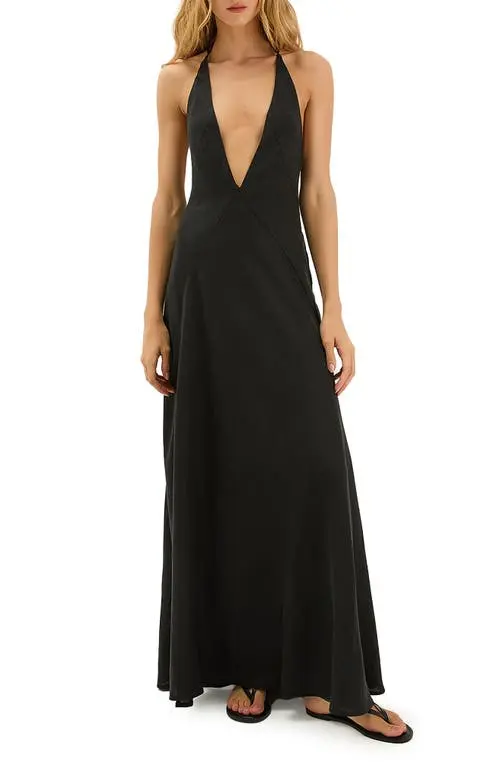 VIX PAULA HERMANNY Marbella Plunge Open Back Linen & Cotton Cover-up Sundress - Black