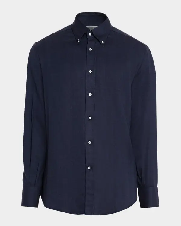 Brunello Cucinelli Micro-chevron Button-collar Sport Shirt - Navy