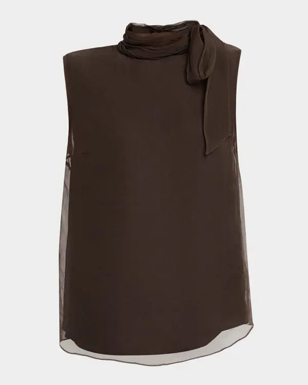 Brunello Cucinelli Crispy Silk Chiffon Tie Blouse - Dark Chocolate
