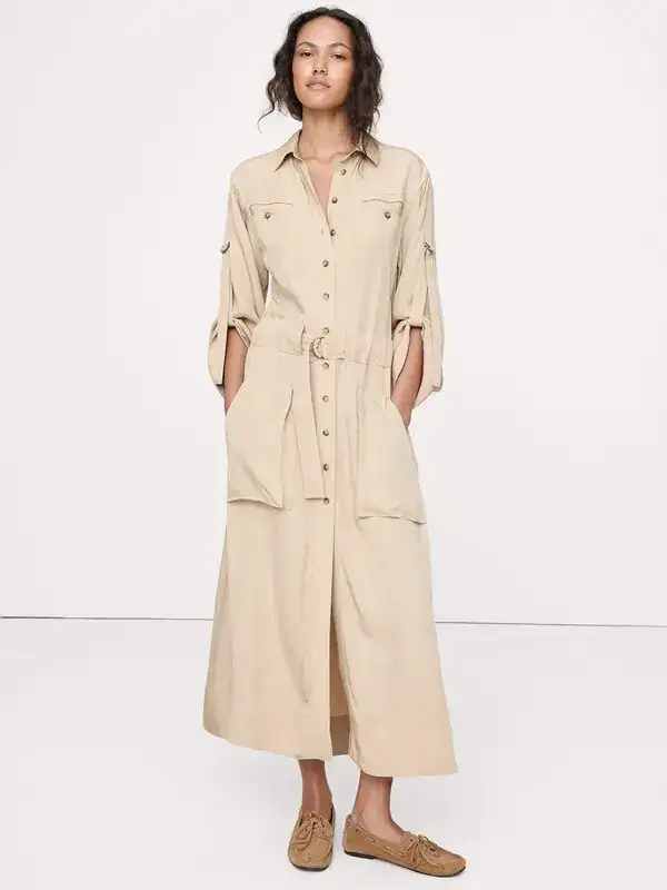 Banana Republic Drapey Utility Shirt Dress - Cashew Cream | Editorialist