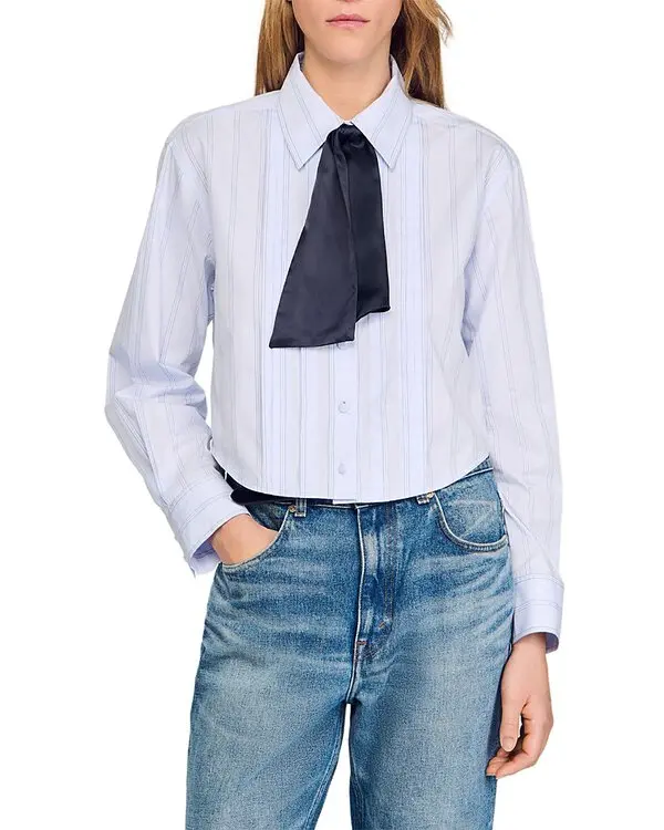 Sandro Cropped Shirt With Removable Tie - Sky Blue