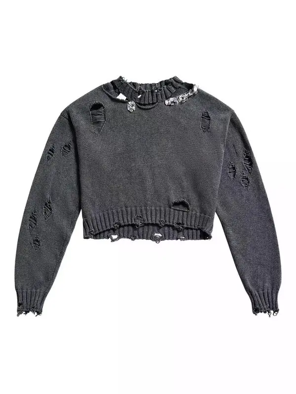 AREA Crystal-embellished Distressed Sweater - Grey