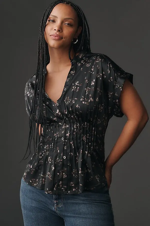PILCRO Silky Pleated Waisted Blouse - Black Pattern