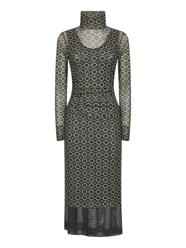 Dries Van Noten Printed Mesh Layered Midi Dress - Green