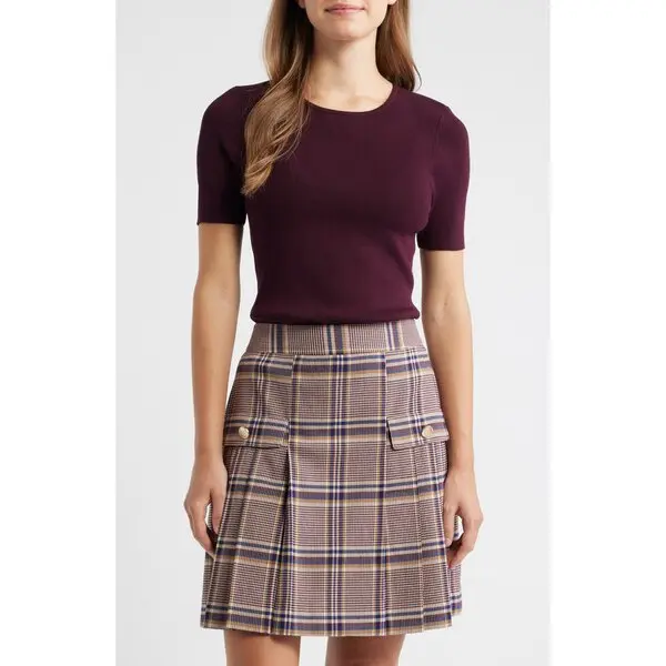 TAHARI ASL Fine-gauge Short Sleeve Sweater - Plum