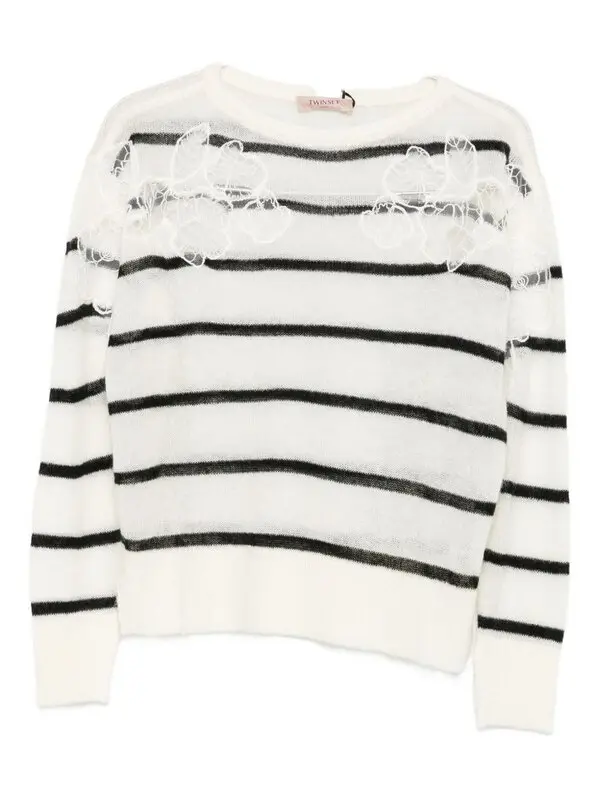 Twin-set Striped Sweater With Floral Embellishments - White