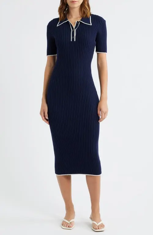 ZOE AND CLAIRE Collared Ribbed Knit Midi Dress