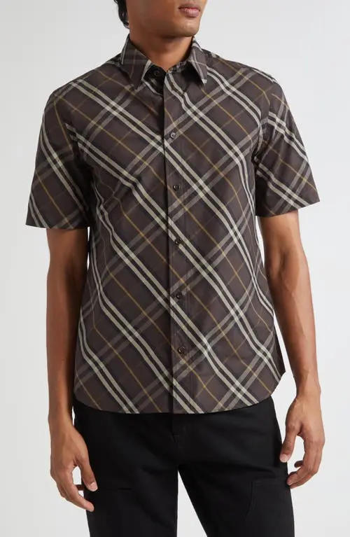 Burberry Robert Check Short Sleeve Cotton Button-up Shirt - Truffle Ip Check