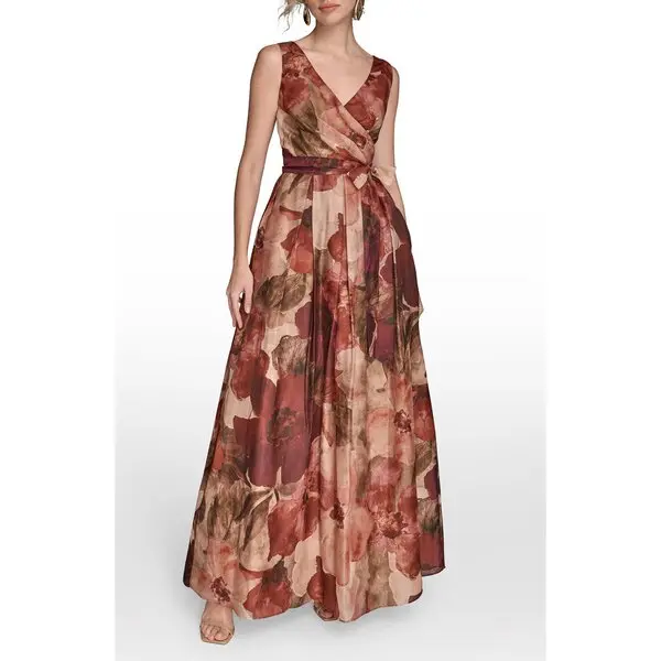 Donna Karan New York Floral Wrap-front A-line Gown