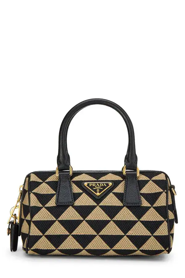 Prada Jacquard Canvas Symbole Boston Bag Mini In Black - 20% Off