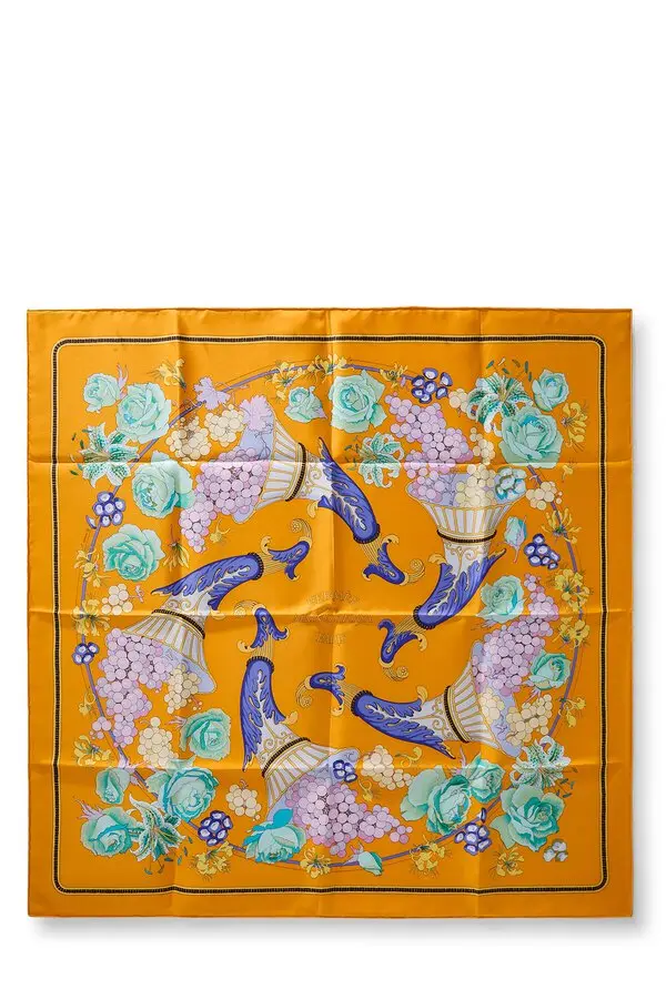 Hermès Multicolor 'fleurs Et Raisins' Silk Scarf 90 - Yellow