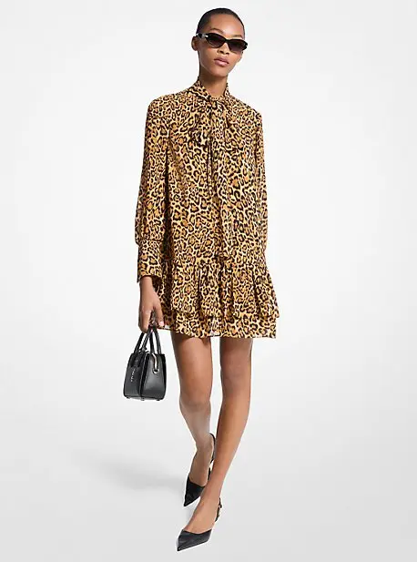 Michael Kors Leopard Print Georgette Tie-neck Mini Dress