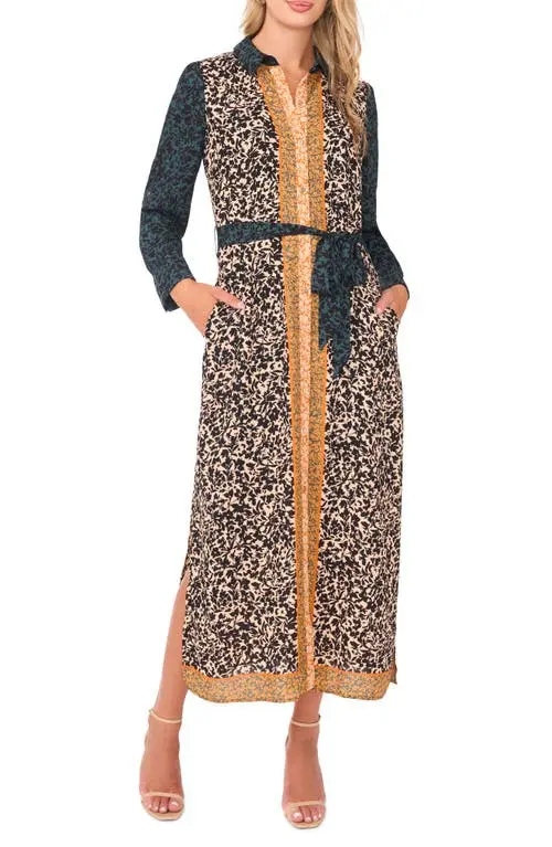 Vince Camuto Mixed Print Long Sleeve Midi Shirt Dress