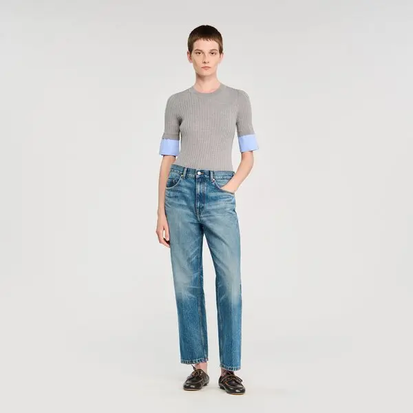 Sandro Fine Rib Knit Sweater With Poplin Inserts