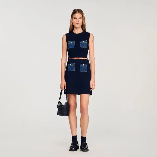 Sandro Knit Crop Top With Denim Pockets - Navy Blue