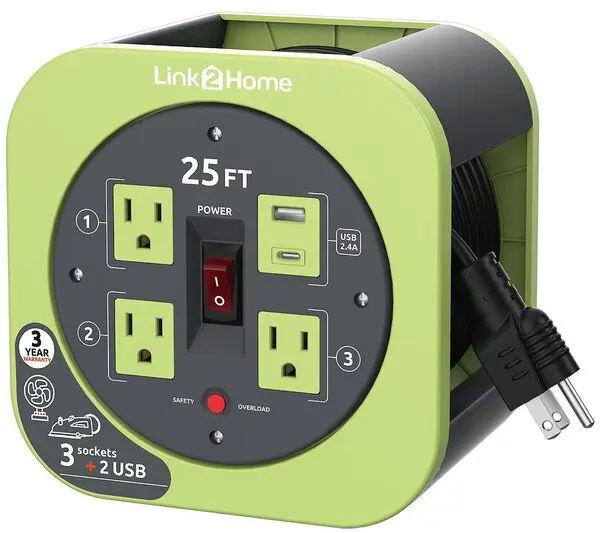 LINK2HOME Cord Reel 25' Extension Cord Power Outlet & Usb