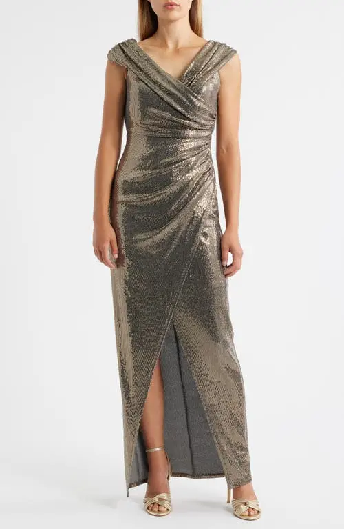 Vince Camuto Foil Knit Draped Off-the-shoulder Sheath Gown